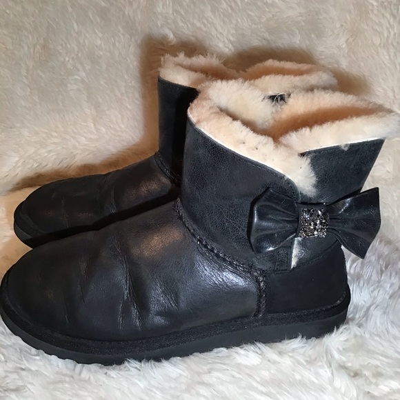 UGG | Shoes | Ugg Australia Black Smooth Leather Side Bows Rhinestone ...